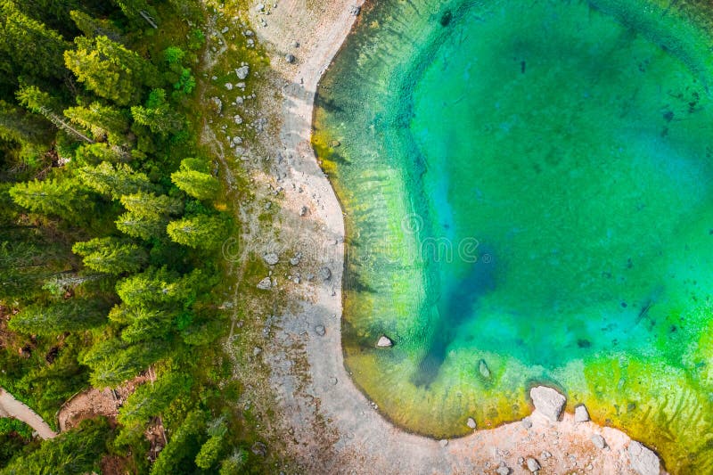 Top Down View To Mountain Lake Carezza in Dolomites, Italy Stock Image ...