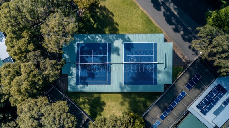 A Top-down View of Two Solar Panel Arrays Bordered by Trees Stock Image ...