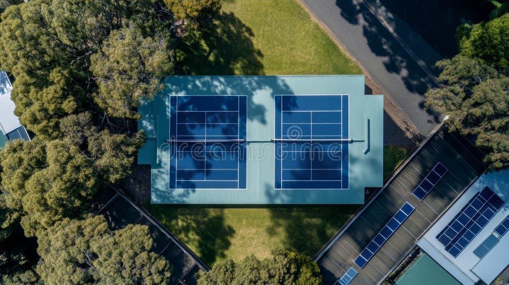 A Top-down View of Two Solar Panel Arrays Bordered by Trees Stock Image ...