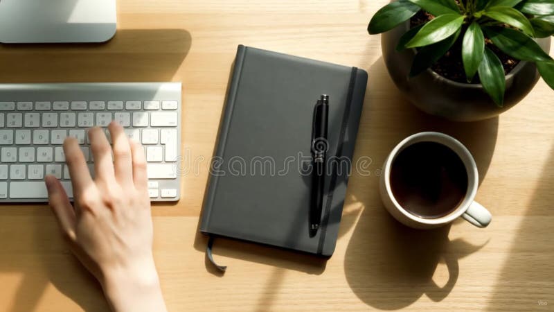 Top-Down View of Typing on Modern Desk with Coffee and Plant Stock ...