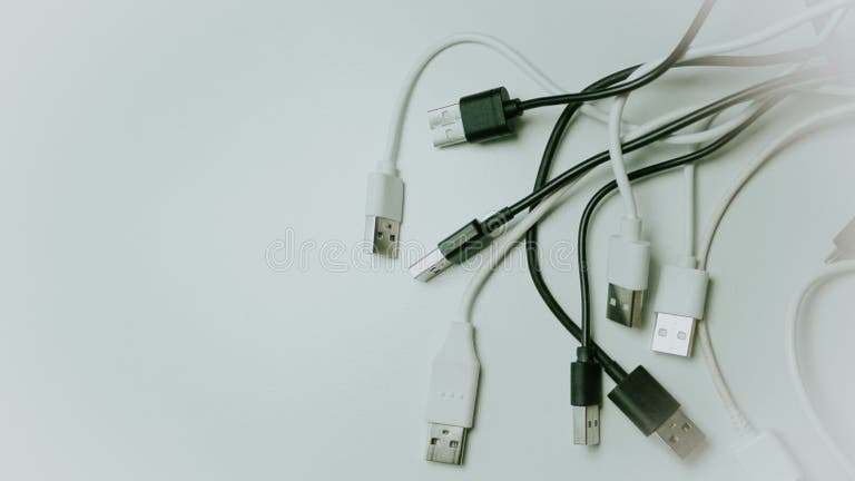 Top Down View Tangled Usb Cords Cables on White Technology Presentation ...
