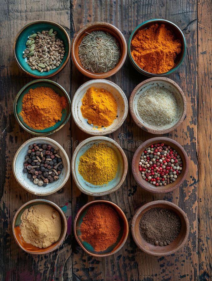 A Top-down View of Various Colorful Spices in Beautiful Ceramic Bowls ...