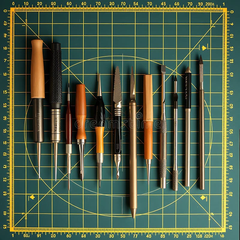 Top Down View of Various Engraving Tools Placed on a Cutting Mat with ...