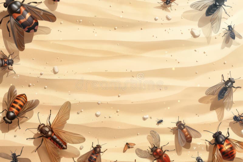 Top Down View of Various Insects Crawling and Flying Over Sandy Surface ...