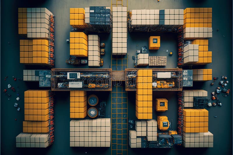 Top-down View of a Warehouse with Rows of Stacked Containers and ...