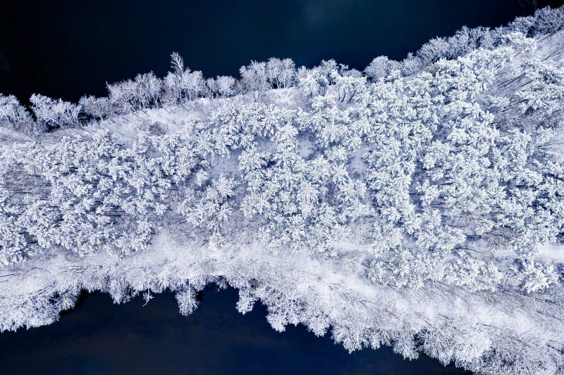 Top Down View of Winter River and Snowy Forest Stock Photo - Image of ...