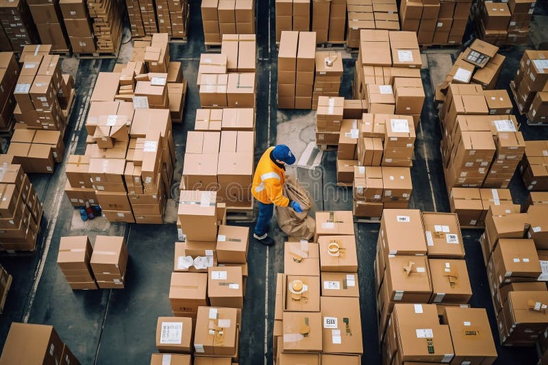 Top-Down View: Worker Wearing Hard Hat Checks Stock and Inventory Using ...