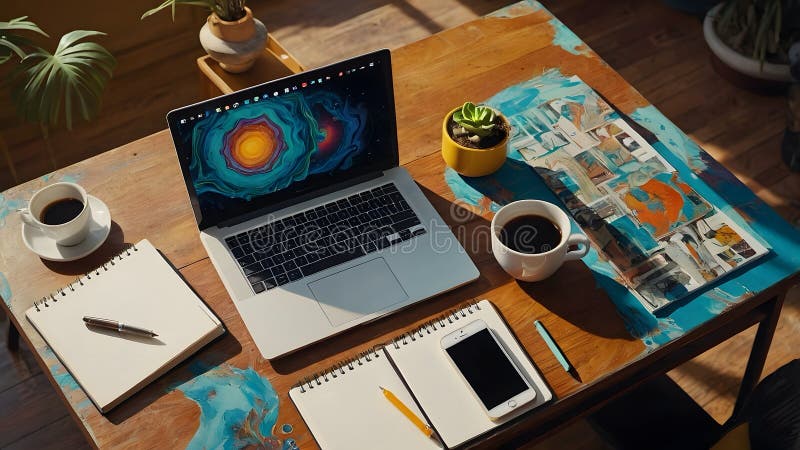 A Top-down View of a Workspace Featuring a Laptop, Smartphone, Coffee ...