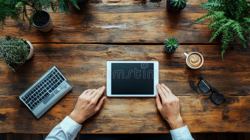 A Top-down View of a Workspace Featuring a Tablet, Coffee, and Plants ...