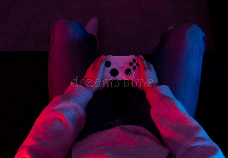Top Down View of Young Person Holding Controller. Stock Image - Image ...