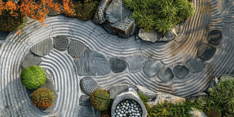 Top Down View of Zen Garden with Stones and Sand Patterns. Meditation ...