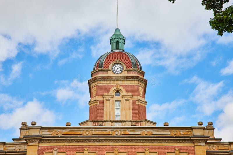 Top of Elkhart County Courthouse with Clock on Blue Sky Day with Fluffy ...