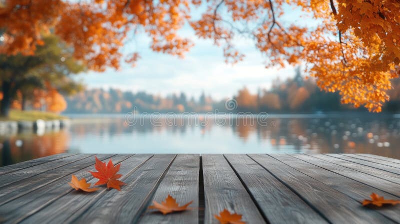 Top of Empty Wood Table Dock with Tree and Floating Maple Leaf, Blur ...