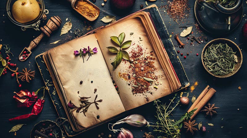 Top Flat Lay View the Cookbook and Various Spices and Herbs. Generative ...