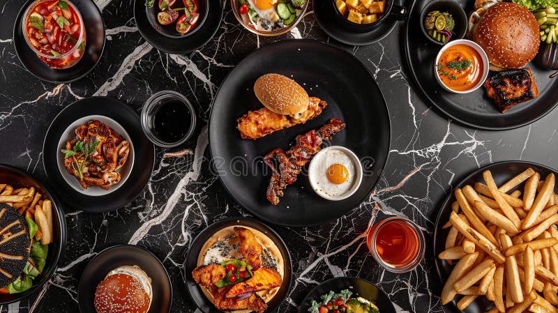 Top Flat Lay View of Group of Various Fast Food and Healthy Food on ...