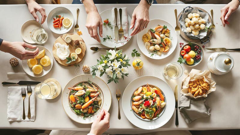 Top Flat View of a Table with Served Food Stock Photo - Image of party ...