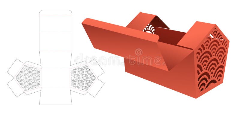 Top Flip House Shaped Box with Stenciled Japanese Pattern Die Cut ...