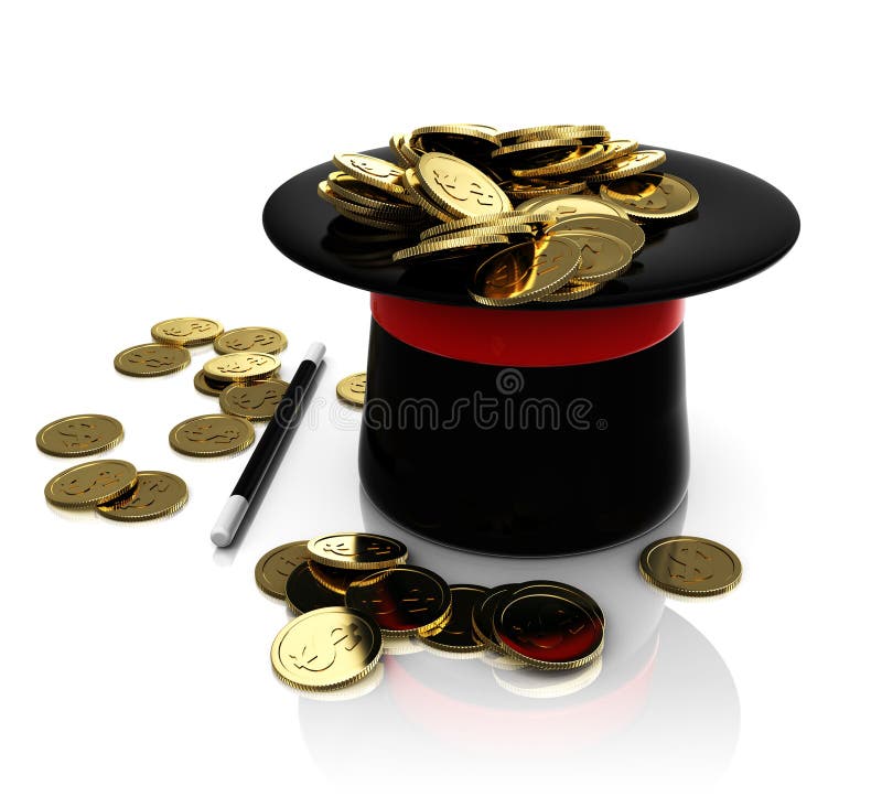 Top hat trick with coins stock illustration. Illustration of reflection ...