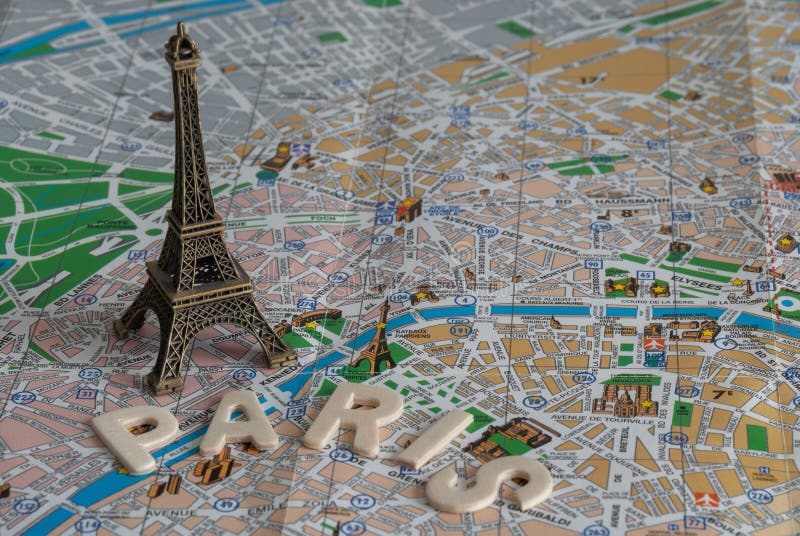 Top Horizontal View of Mockup of the Eiffel Tower Over Paris Map Stock ...