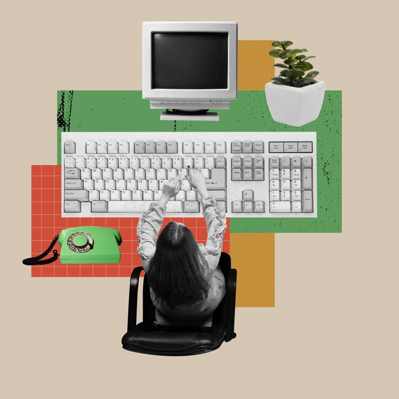 Top Image of Woman Sitting at Table and Working with Computer. it ...