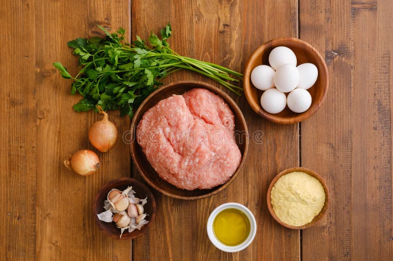 Top Meat and Ingredients for Meatballs on a Table Stock Photo - Image ...