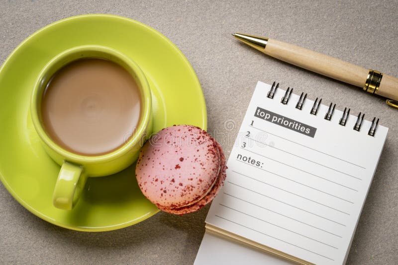 Top Priorities, Notes in a Small Spiral Notebook or Calendar with a Cup ...