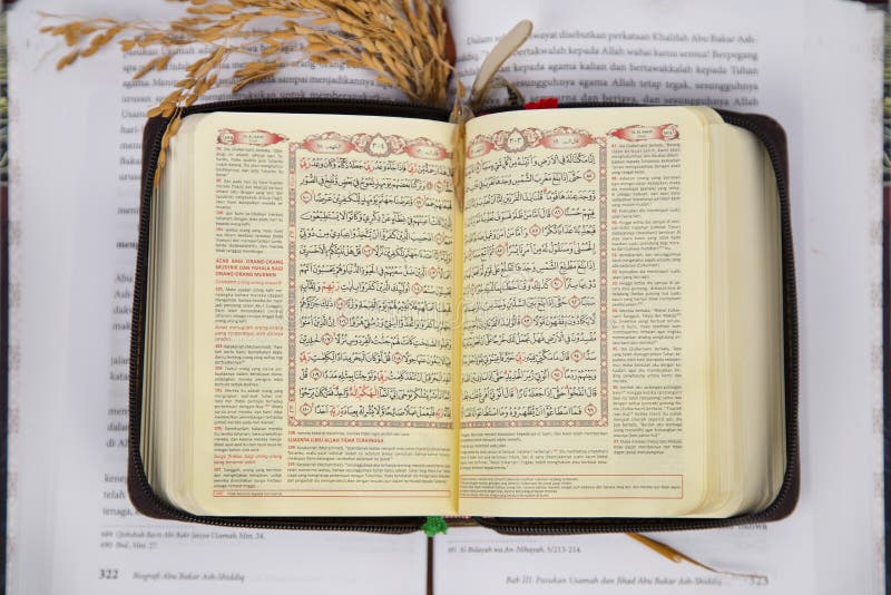 An Open Holy Quran on Top of a Book Stock Photo - Image of verses ...
