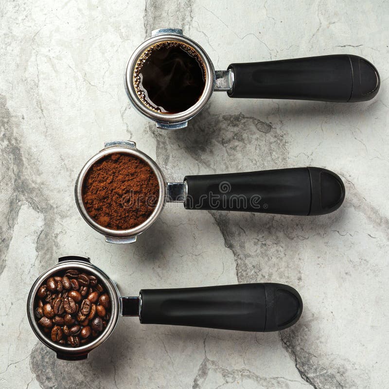 Top Shot of the Roasted, Ground and Brewed Coffee in a Handle Stock ...