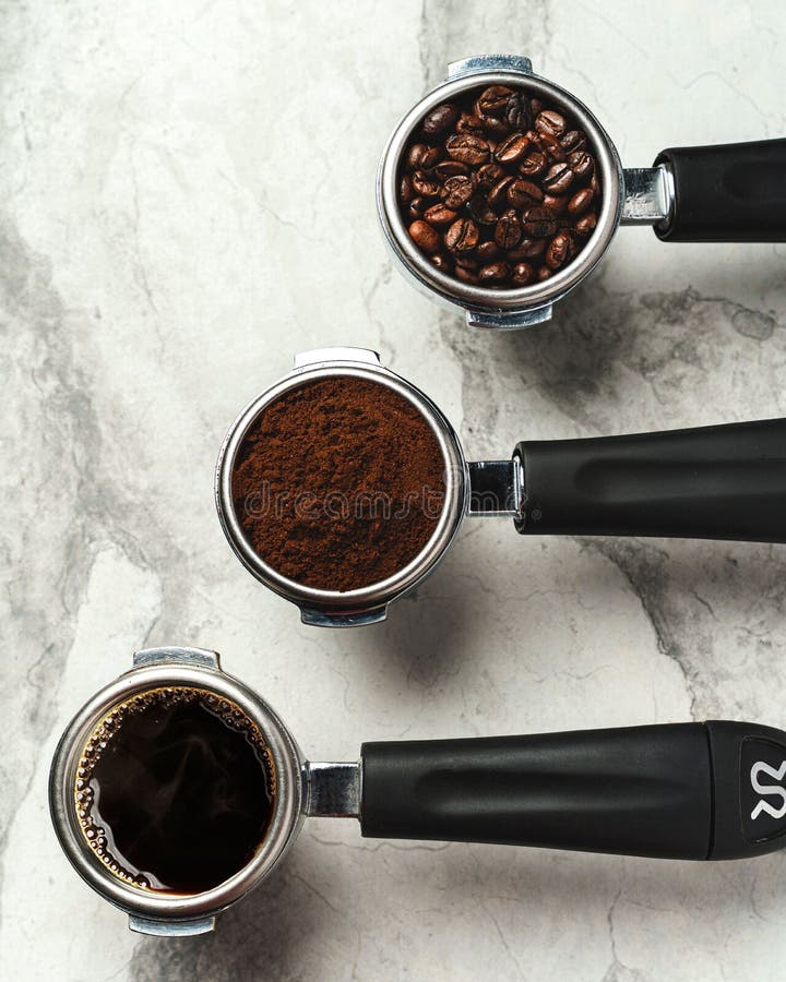 Top Shot of the Roasted, Ground and Brewed Coffee in a Handle Stock ...