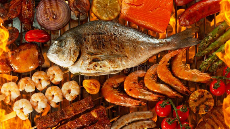 Top Shot of Various Types of Meat on a Grill Stock Photo - Image of ...