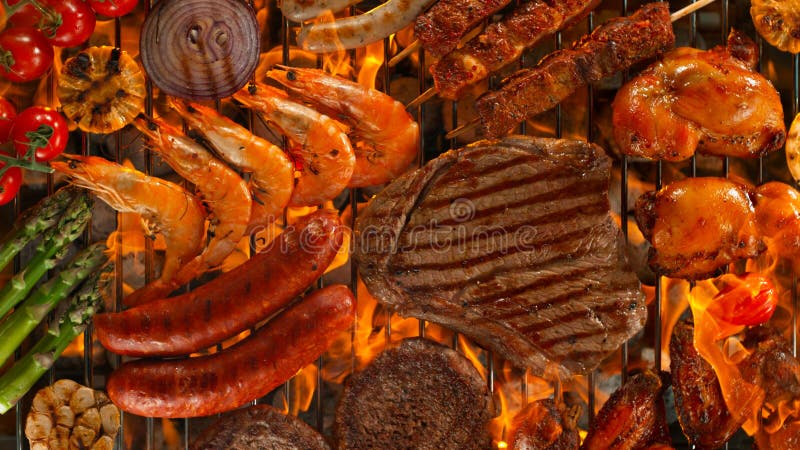 Top Shot of Various Types of Meat on a Grill Stock Photo - Image of ...