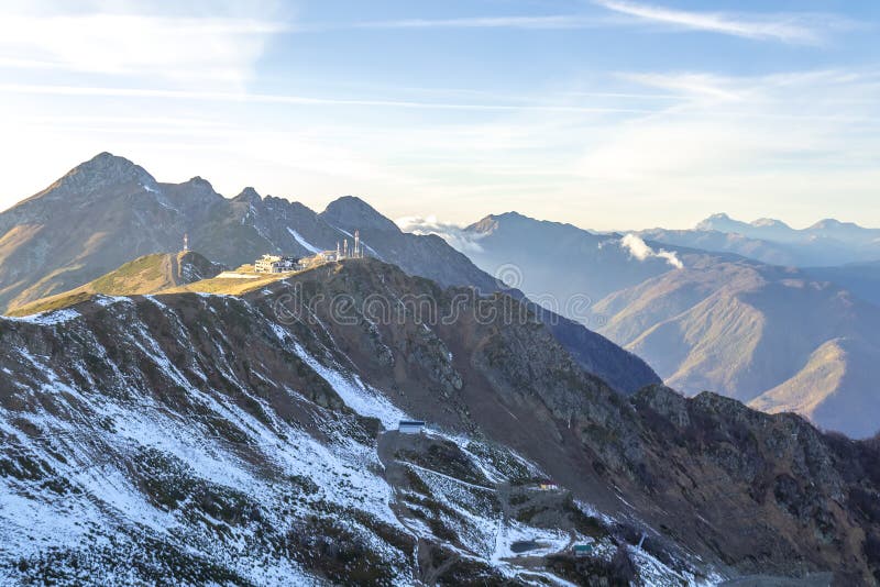 Top of Snowy High Mountain and Clouds in Sunny Day Stock Photo - Image ...