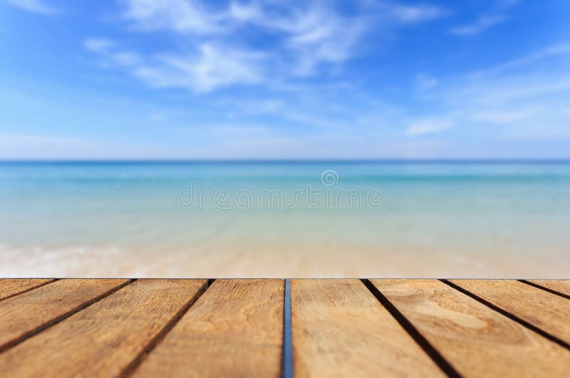 Top of Teak Wood Table and View of Sea and Blue Sky Stock Image - Image ...