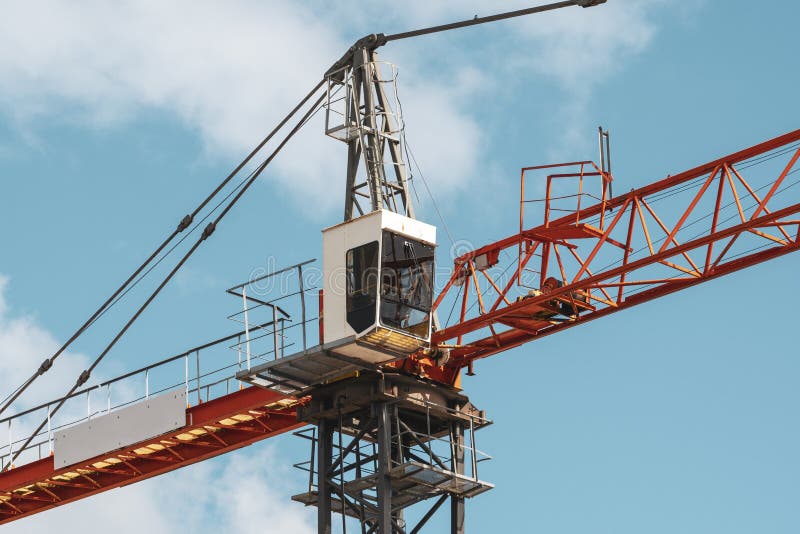 Top of a Tower Crane with a Boom and a Crane Operator`s Cab Stock Photo ...