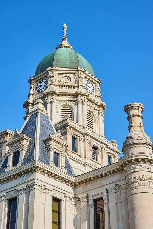 Top Towers and Clock View of Whitley County Courthouse with Deep Blue ...