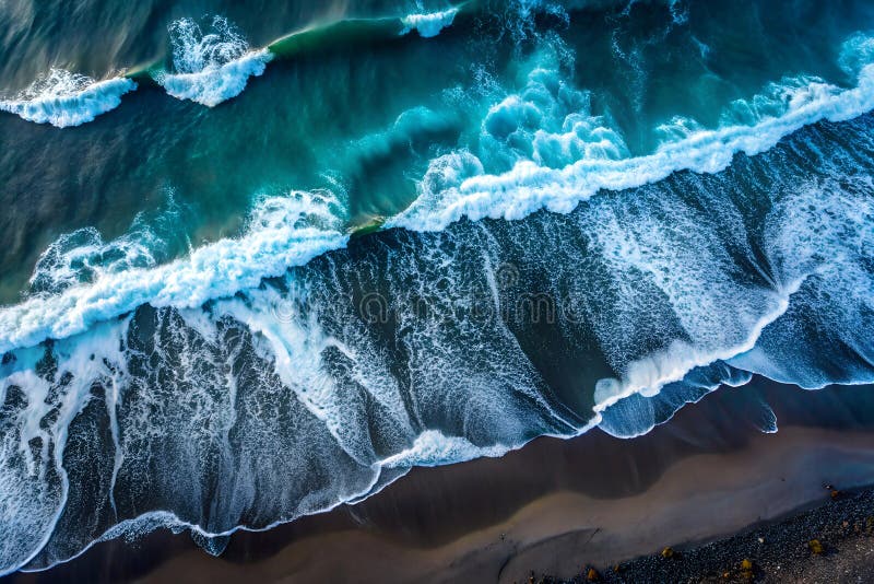 Top Upper View of Soft Ocean Waves on Full Black Sand Stock ...