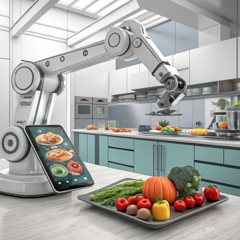 A Futuristic Kitchen Showcasing Food Technology. a Sleek Robotic Arm ...