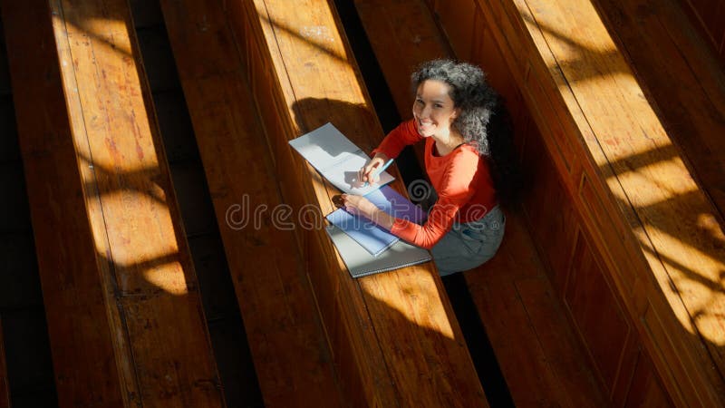 Top View from Above Woman Girl Student Female Study at Table Writing ...