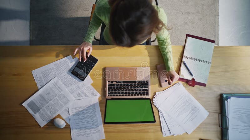 Top View Accountant Working Greenscreen Computer at Workplace. Woman ...