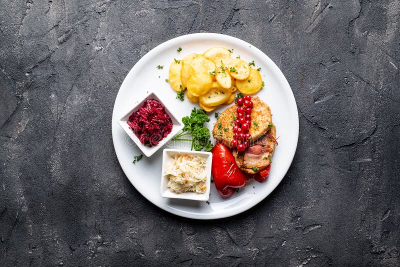 Top View of Aesthetically Decorated Delicious Chicken Meal on the Gray ...
