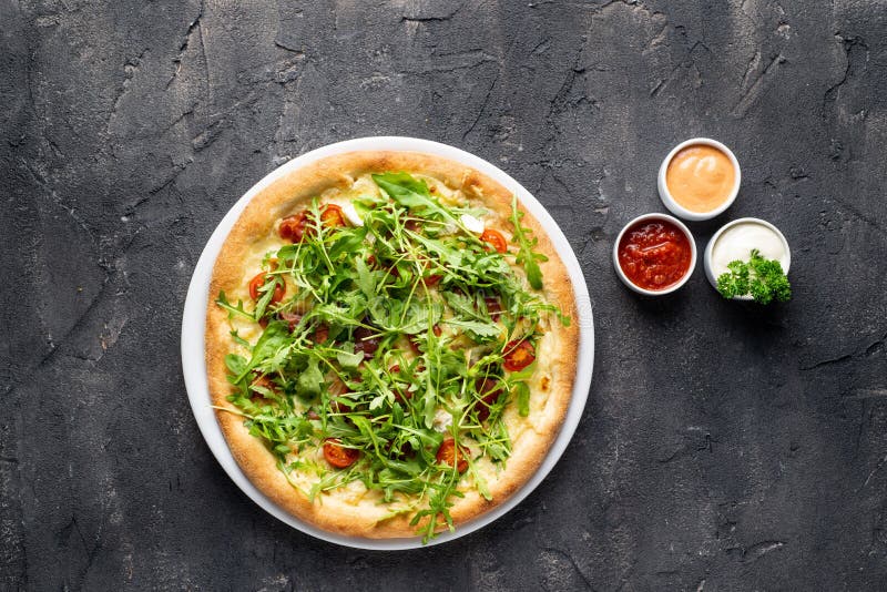 Top View of Aesthetically Decorated Delicious Pizza on the Gray Surface ...