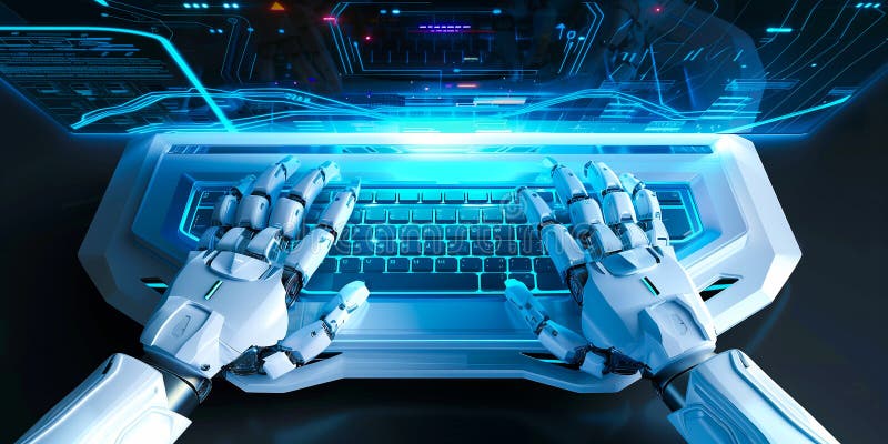 Top View of an AI Robot Hands Typing on a Computer. Stock Photo - Image ...