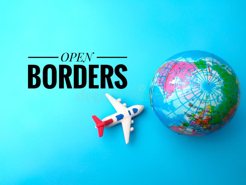 Top View Airplane and Earth Globe with Text OPEN BORDERS Stock Photo ...
