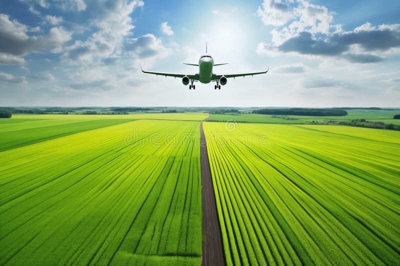 Top View of Airplane Flying Over Green Fields Stock Illustration ...