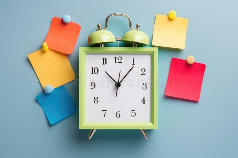 Top View of Alarm Clock with Colorful Sticky Notes for Reminders Stock ...