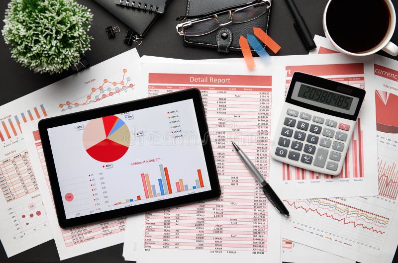 Top View of Analyzing Black Office Desk with Tablet Pc and Financial ...