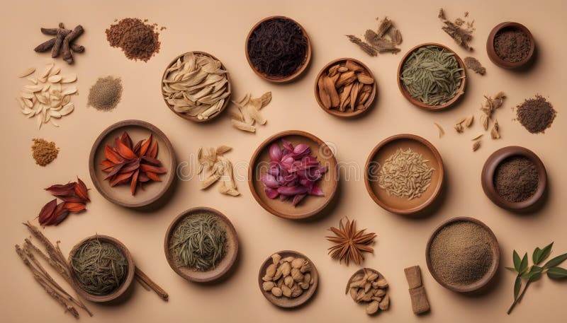 Top View of Ancient Chinese Herbs on Light Brown Background Stock ...