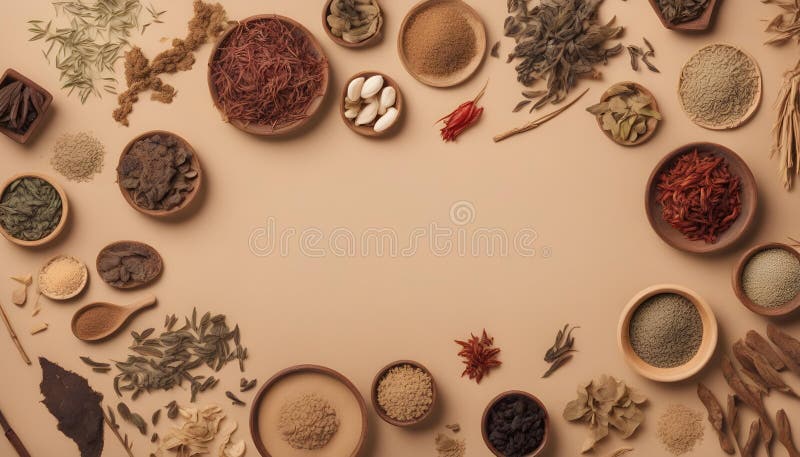 Top View of Ancient Chinese Herbs on Light Brown Background Stock ...
