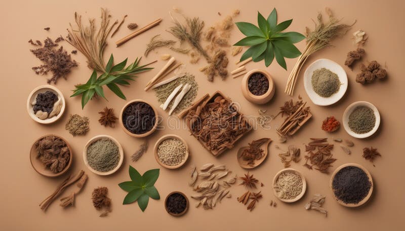 Top View of Ancient Chinese Herbs on Light Brown Background Stock ...