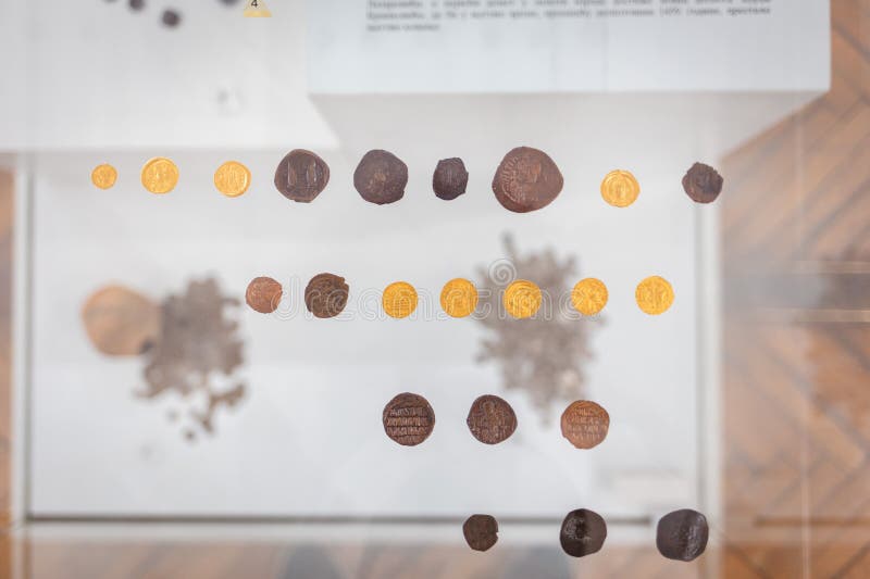 Top View of Ancient Coins on Display at the Historical Museum Stock ...